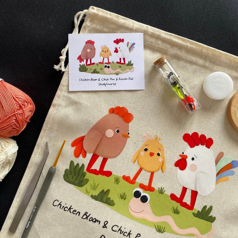 Amigurumi Crochet Kit, Rooster, Chicken & Chick With Rattle, Printed ...