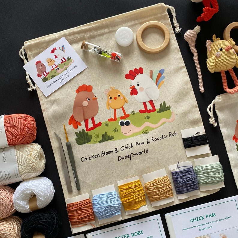 Amigurumi Crochet Kit, Rooster, Chicken & Chick With Rattle, Printed ...