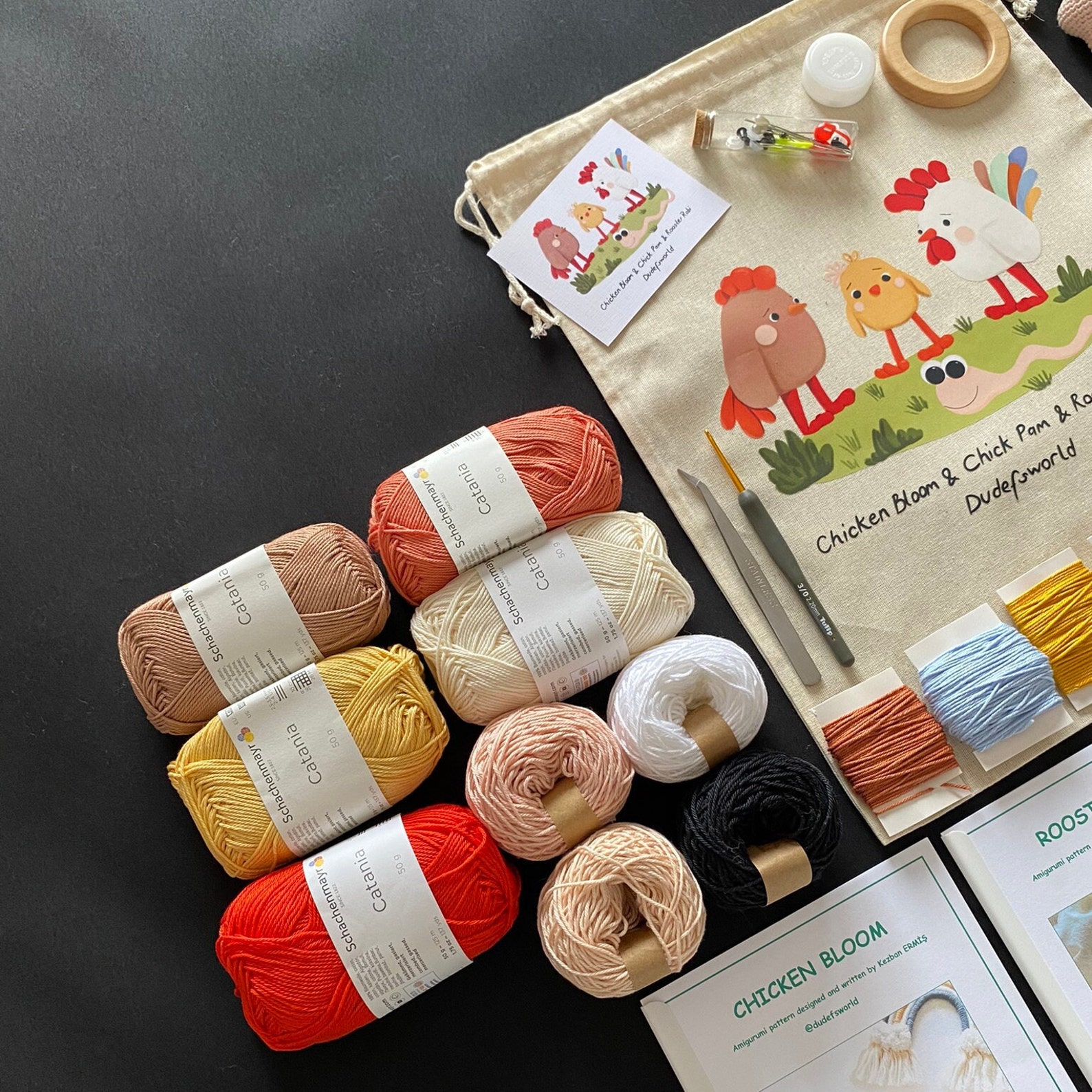 Amigurumi Crochet Kit, Rooster, Chicken & Chick With Rattle, Printed ...