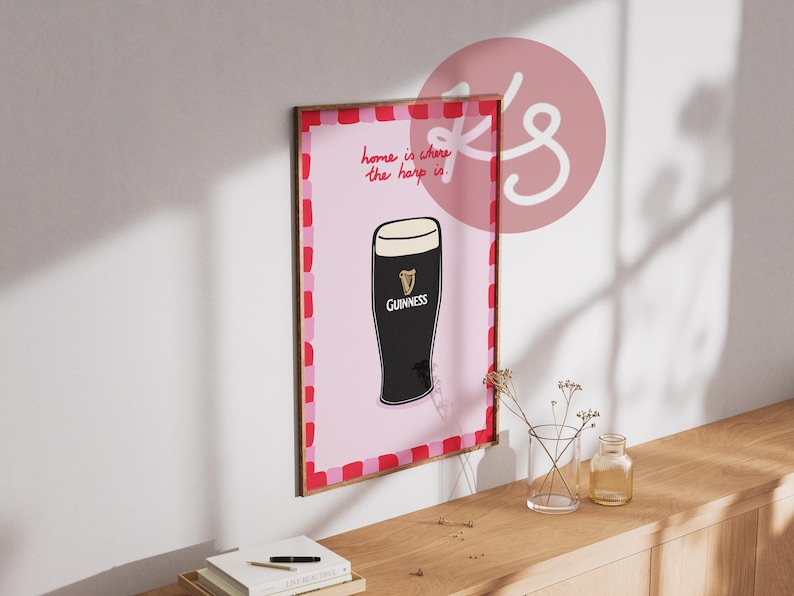 Guinness Wall Art - Home is Where the Harp is - Pink & Red Digital ...