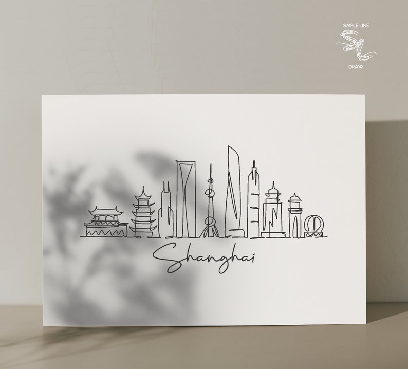 One Line Shanghai Skyline Printable Fine Line Art Print - Etsy