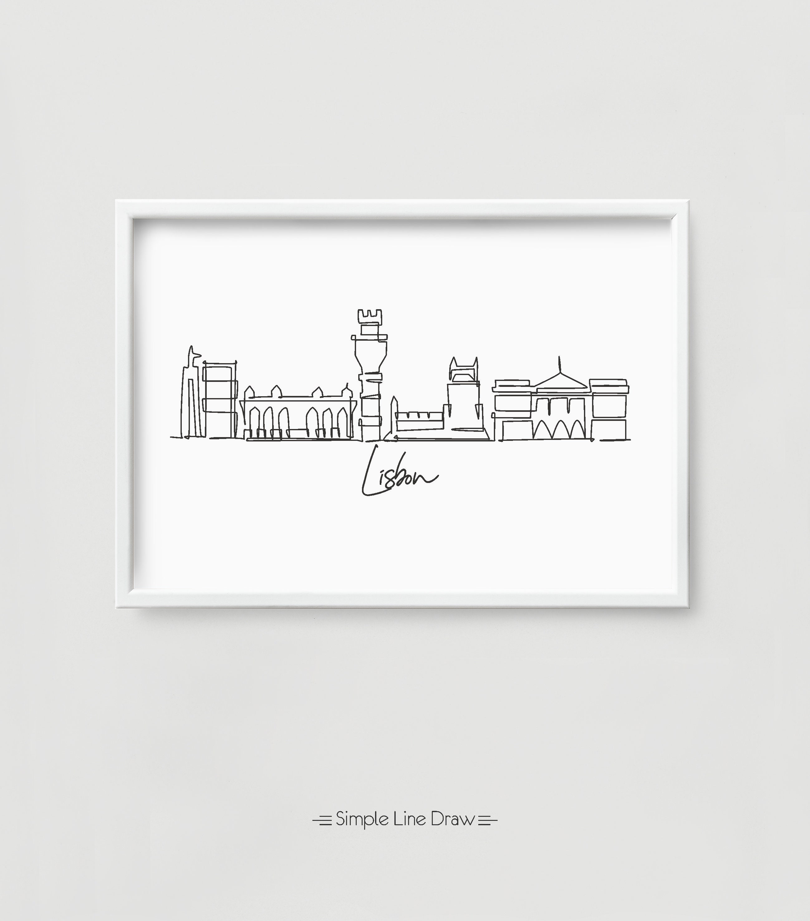 Lisbon Skyline Continuous Line Drawing Art Print: Minimalist Black and ...