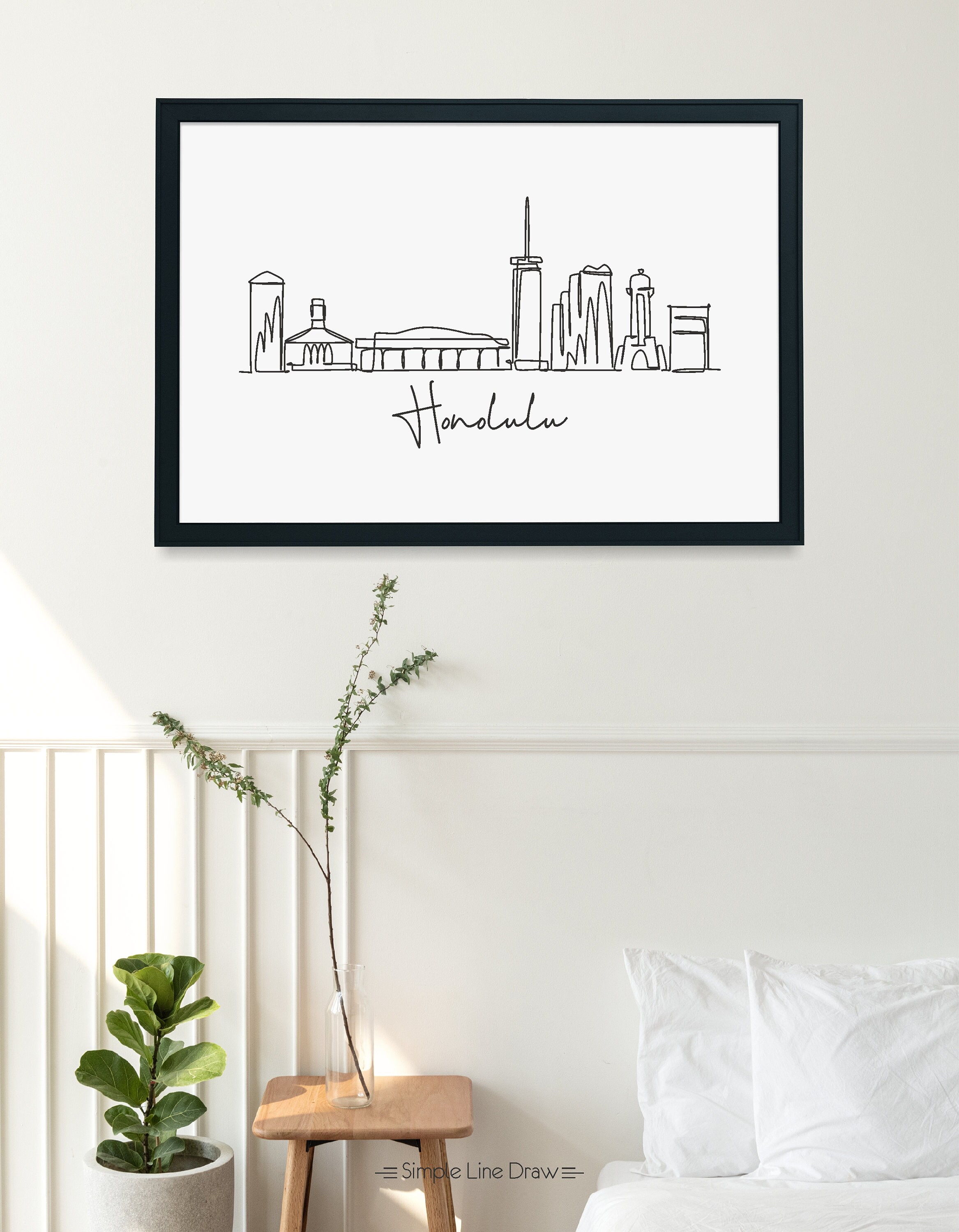 Honolulu Skyline One Line Drawing Art Print: Minimalist Black and White ...