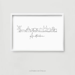 Printable Amsterdam City Cityscape, Minimalist One Line Drawing Skyline ...