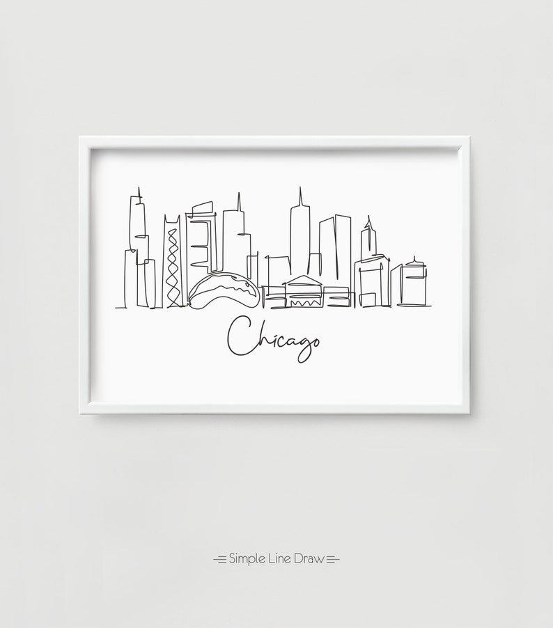 One Line Chicago City Skyline Print Boho Art Retro Art | Etsy