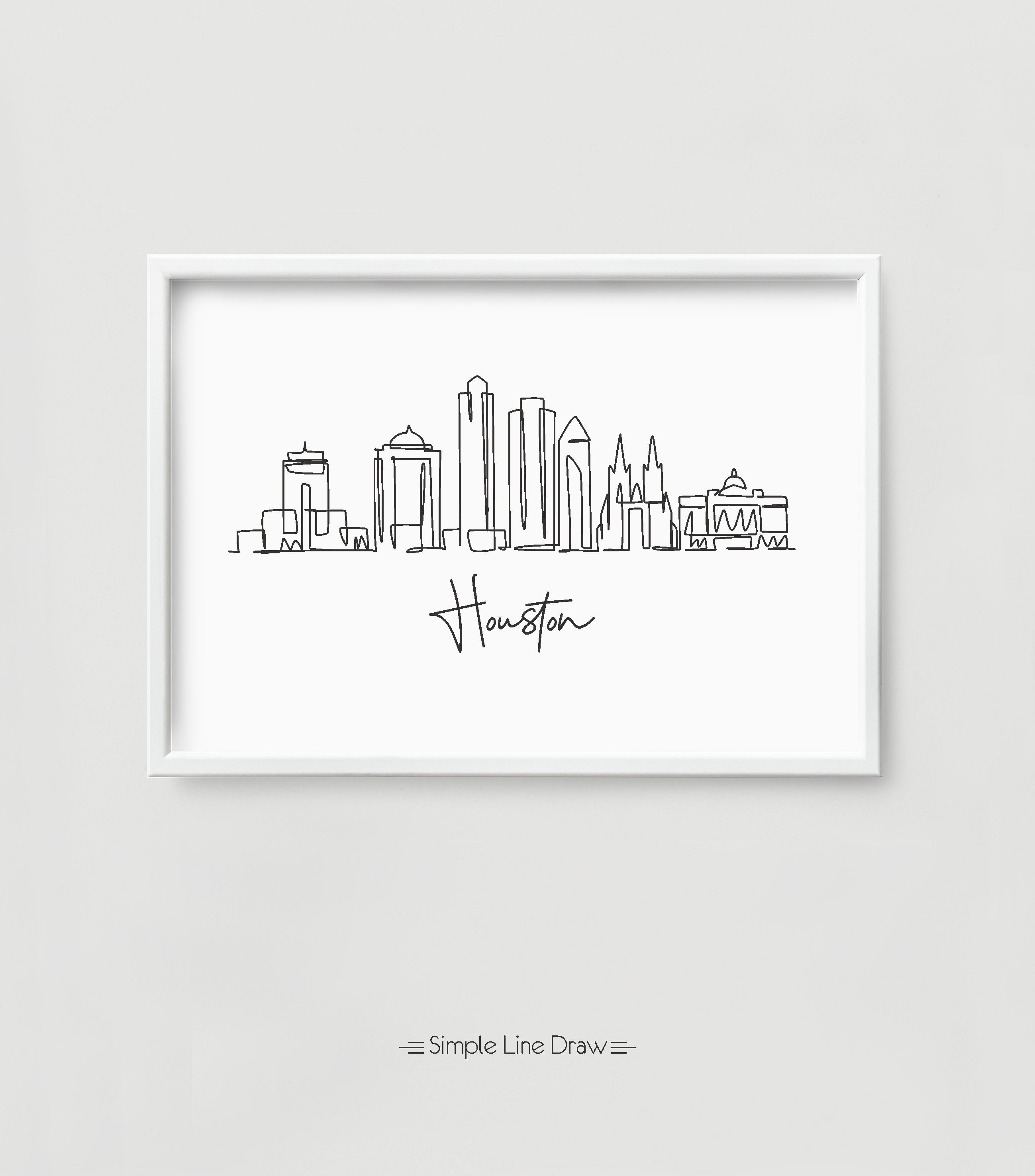 One Line Houston Skyline Printable Fine Line Print Retro - Etsy