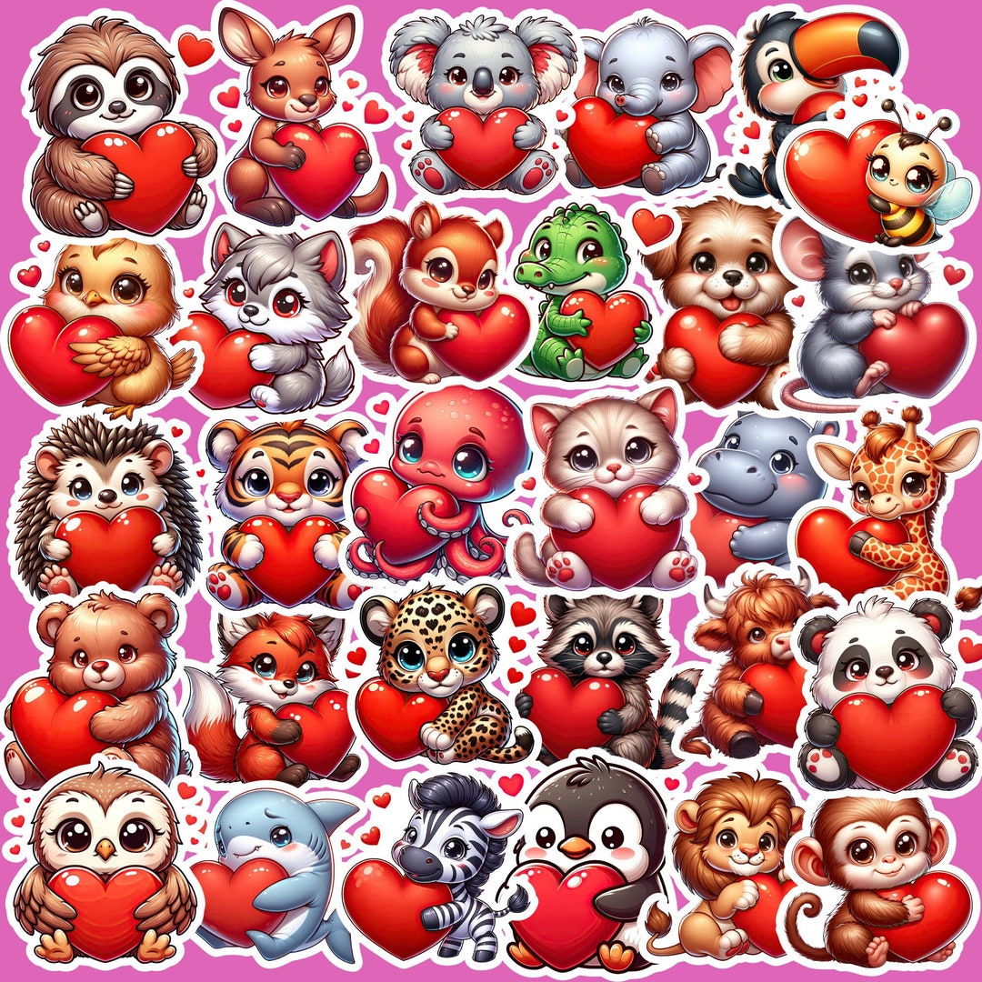 Animals Hugging Hearts Valentine Stickers, Valentine Party, Animals ...