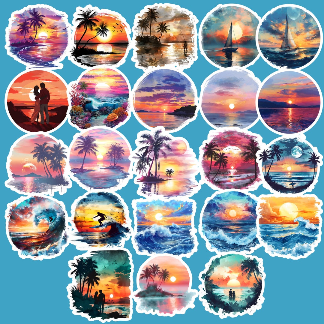 Summer Beach Sunset Stickers, Laptop Stickers, Water Bottle Stickers ...