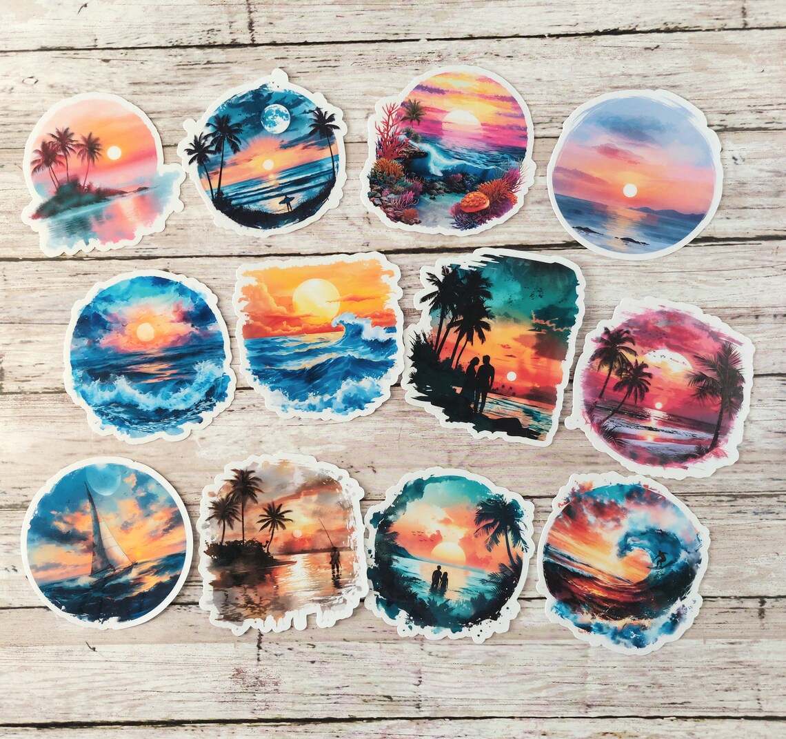 Summer Beach Sunset Stickers, Laptop Stickers, Water Bottle Stickers ...