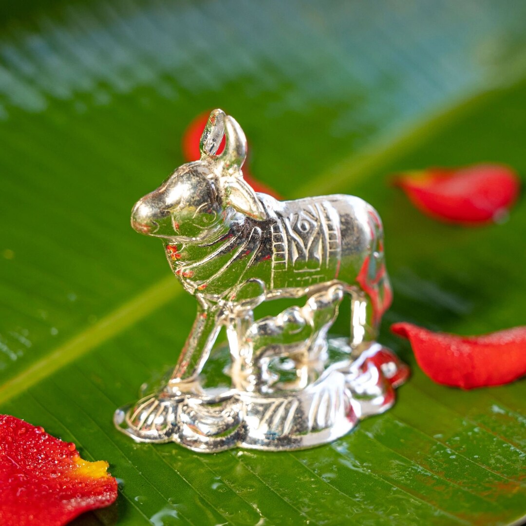 12gm Pure Silver Kamadhenu Cow Idol, Pure Silver Cow and Calf Idols ...