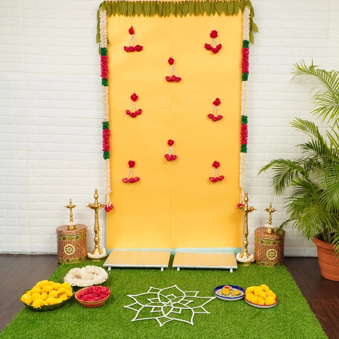 6ftx7ft Floral Indian Pooja Decoration Backdrop Kit, Housewarming ...