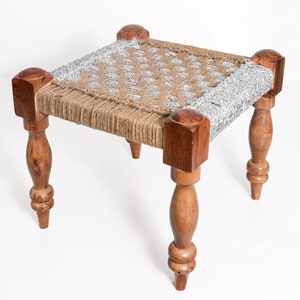 Vintage Woven Jute Rope and Wood Stool, Handmade Indian Jute Muddha ...