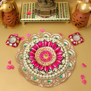 Pearl & Kundan Work Rangoli Mat With Tealight Holders, Diwali ...