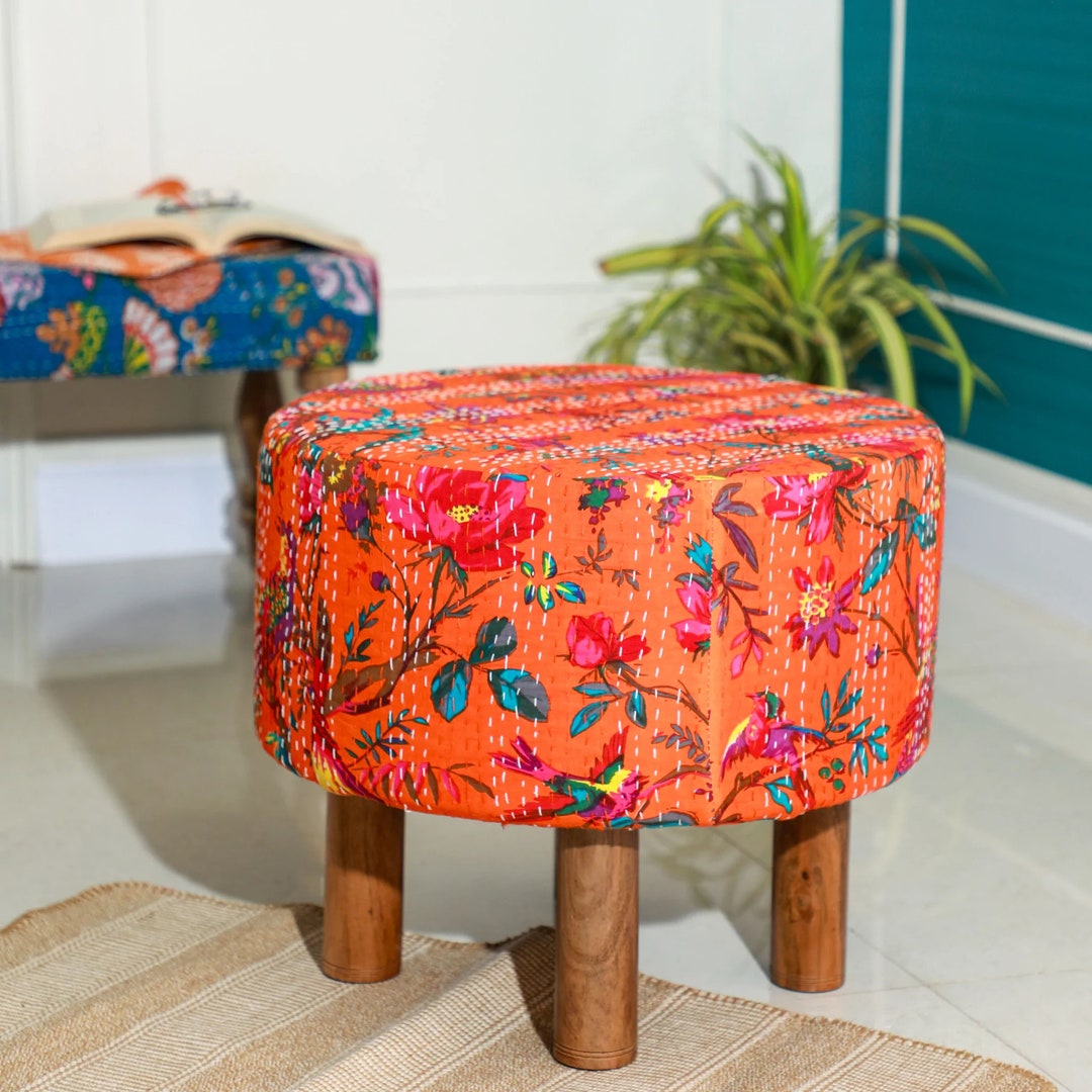 Vintage Kantha and Wood Stool, Traditional Footstool, Cotton Pouffe ...