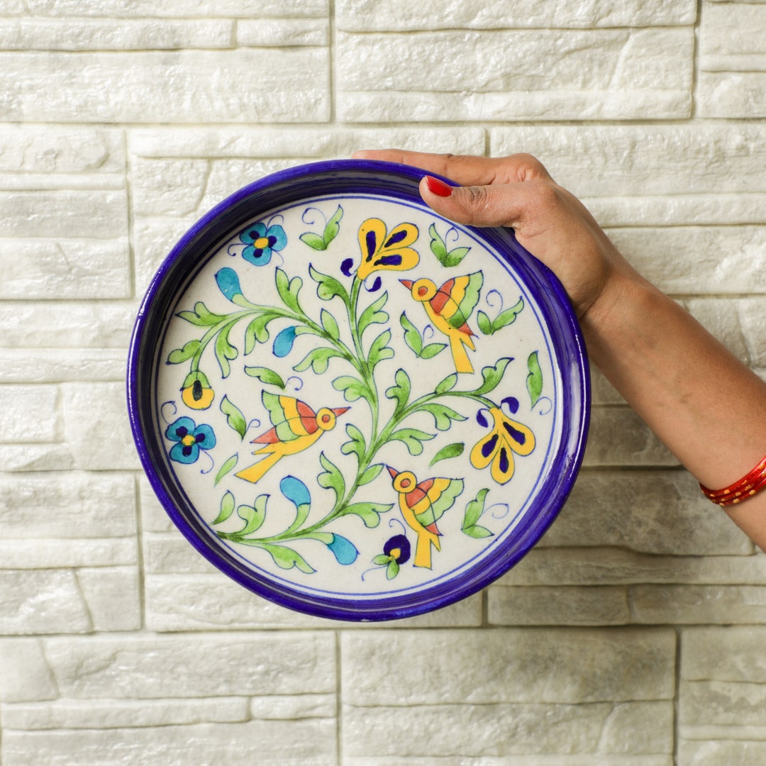 Handmade Round Ceramic Tray, Indian Serving Plates, Floral Hand Painted ...