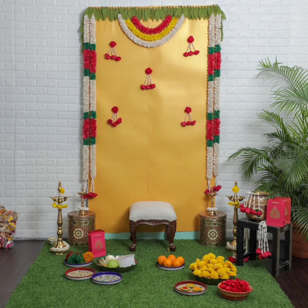 6*7 Ft Yellow Backdrop Sheet, Pooja Backdrop Decoration, Indian ...