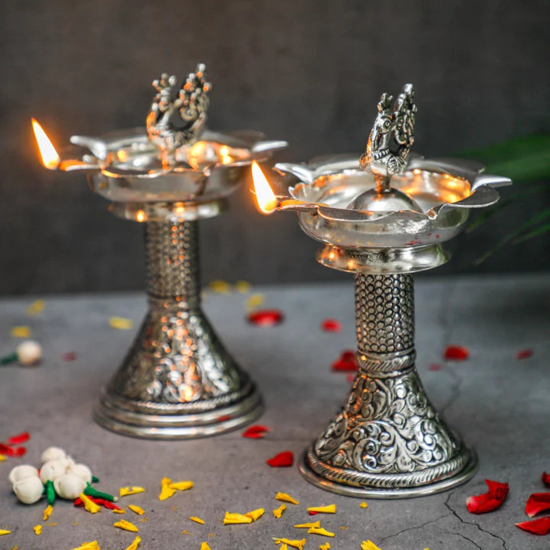 German Silver Diya Lamp, Kuthu Vilakku, Annapakshi, Oil Wick Lamp, Long ...