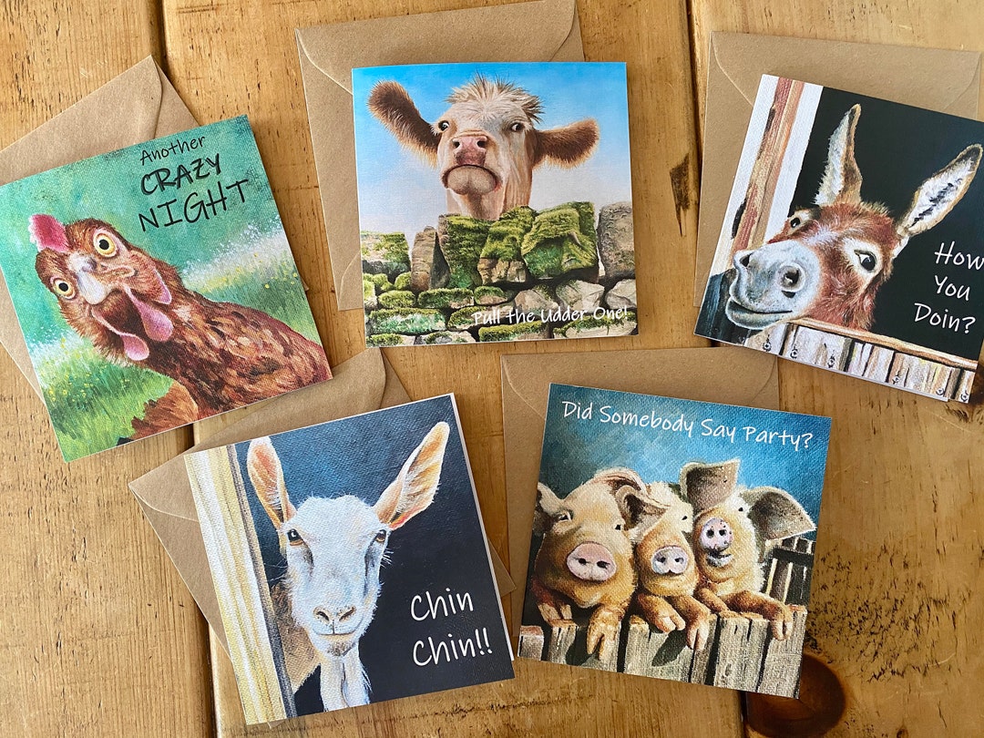 Pack of Blank Farm Animal Greetings Cards. Cheeky Farm Animals, Blank ...