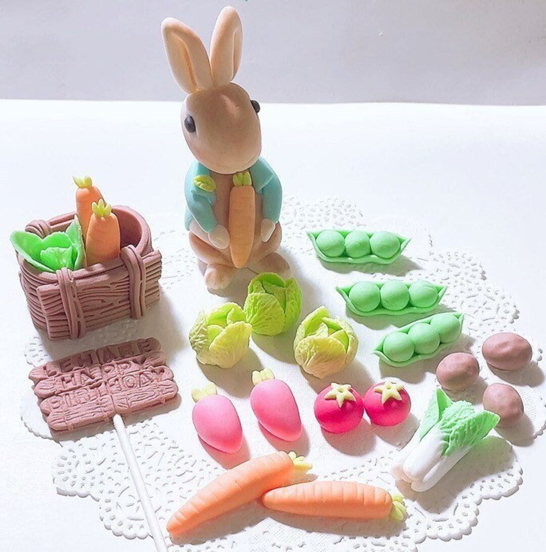 Bunny Fondant Cake Topper: Pastel Rabbit With Vegetables - Etsy