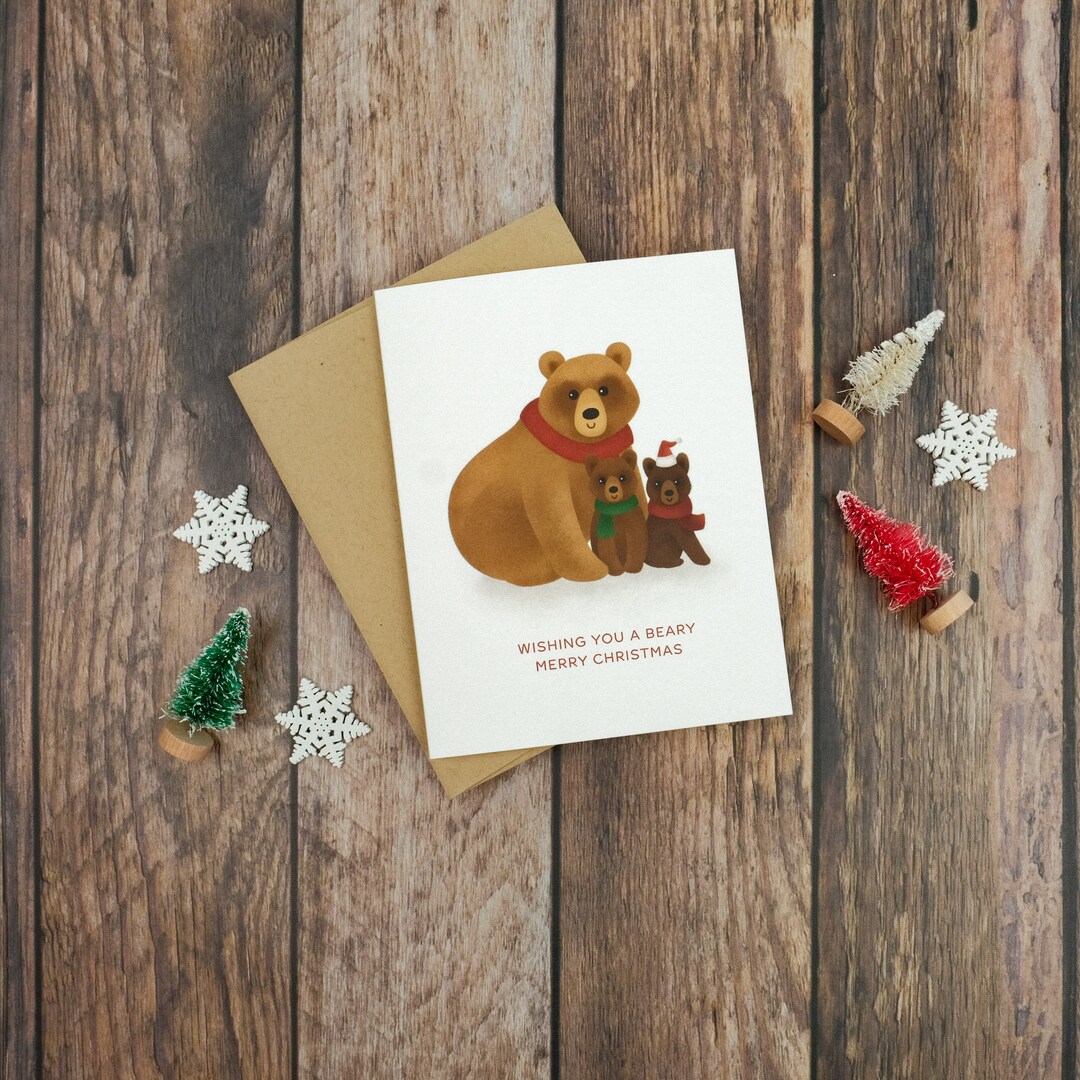 Wishing You a Beary Merry Christmas Greeting Card Cute Brown Bear ...