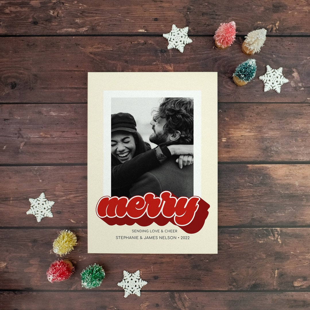 Retro Merry Digital Christmas Card | Single Photo Holiday Printable ...