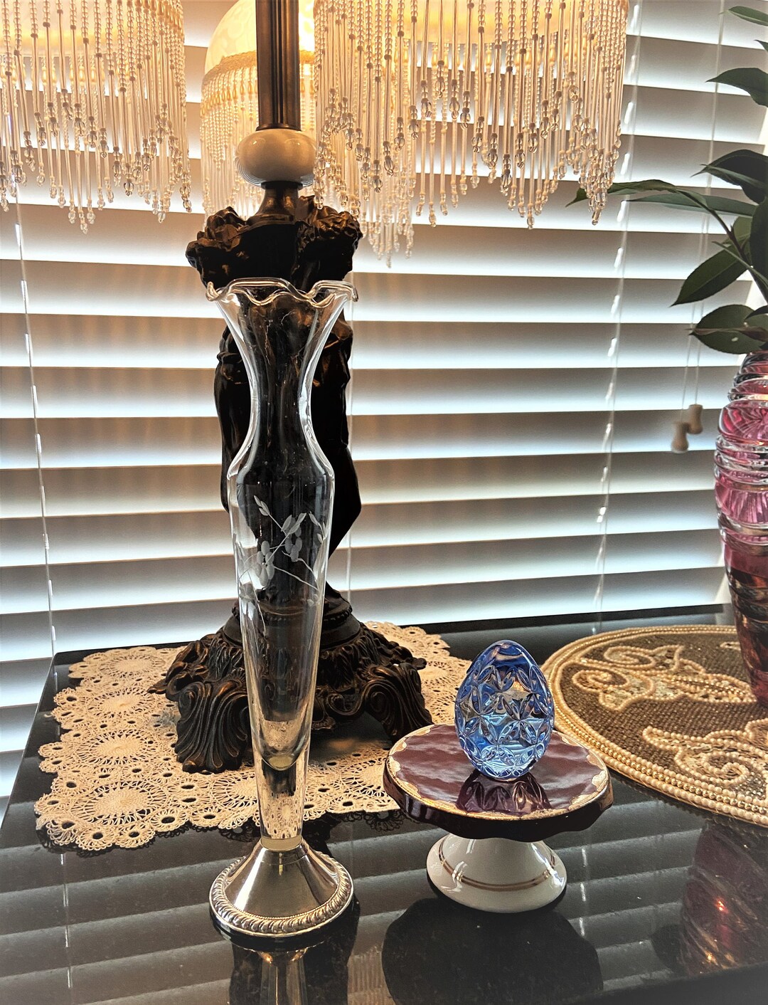 STERLING! * Fluted Top, Glass Tall Thin Vintage Vase W/ Weighted Silver ...