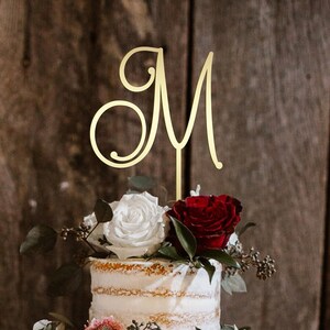M Cake Topper, Gold Wedding Cake Topper, Personalized, Rustic Wood Cake ...