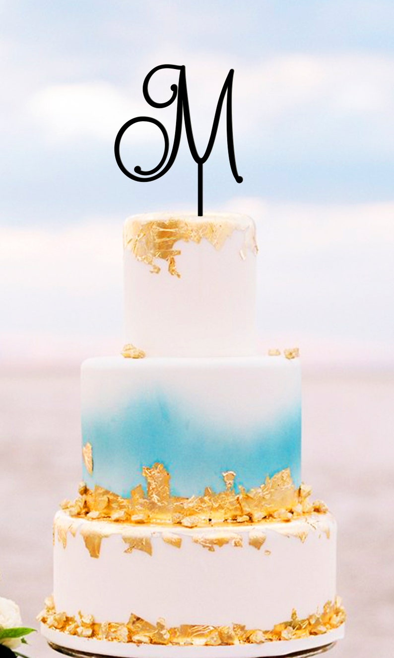 M Cake Topper, Gold Wedding Cake Topper, Personalized, Rustic Wood Cake ...
