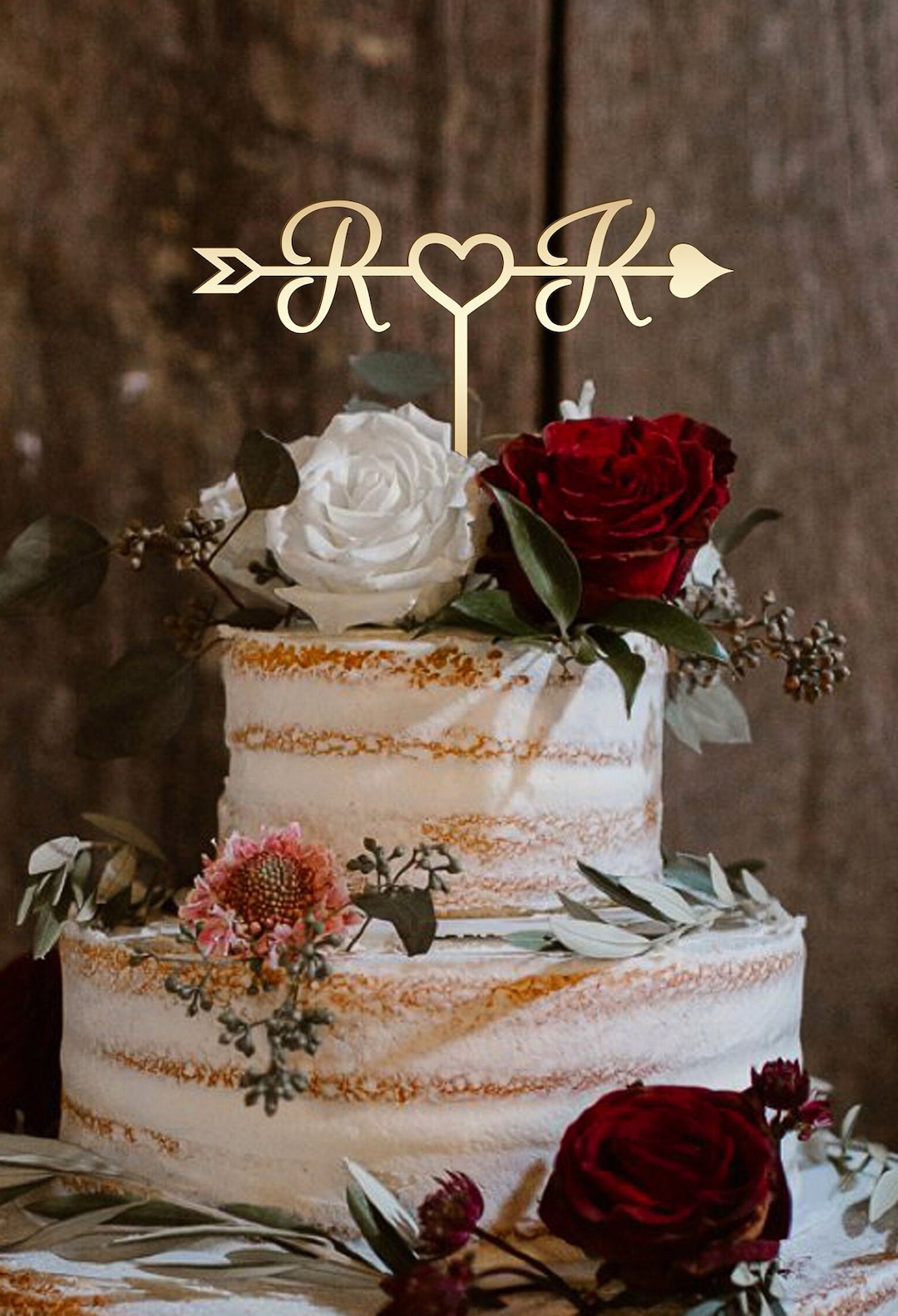 Gold Cake Topper for Wedding, Personalized, Rustic Cake Topper, Arrow ...