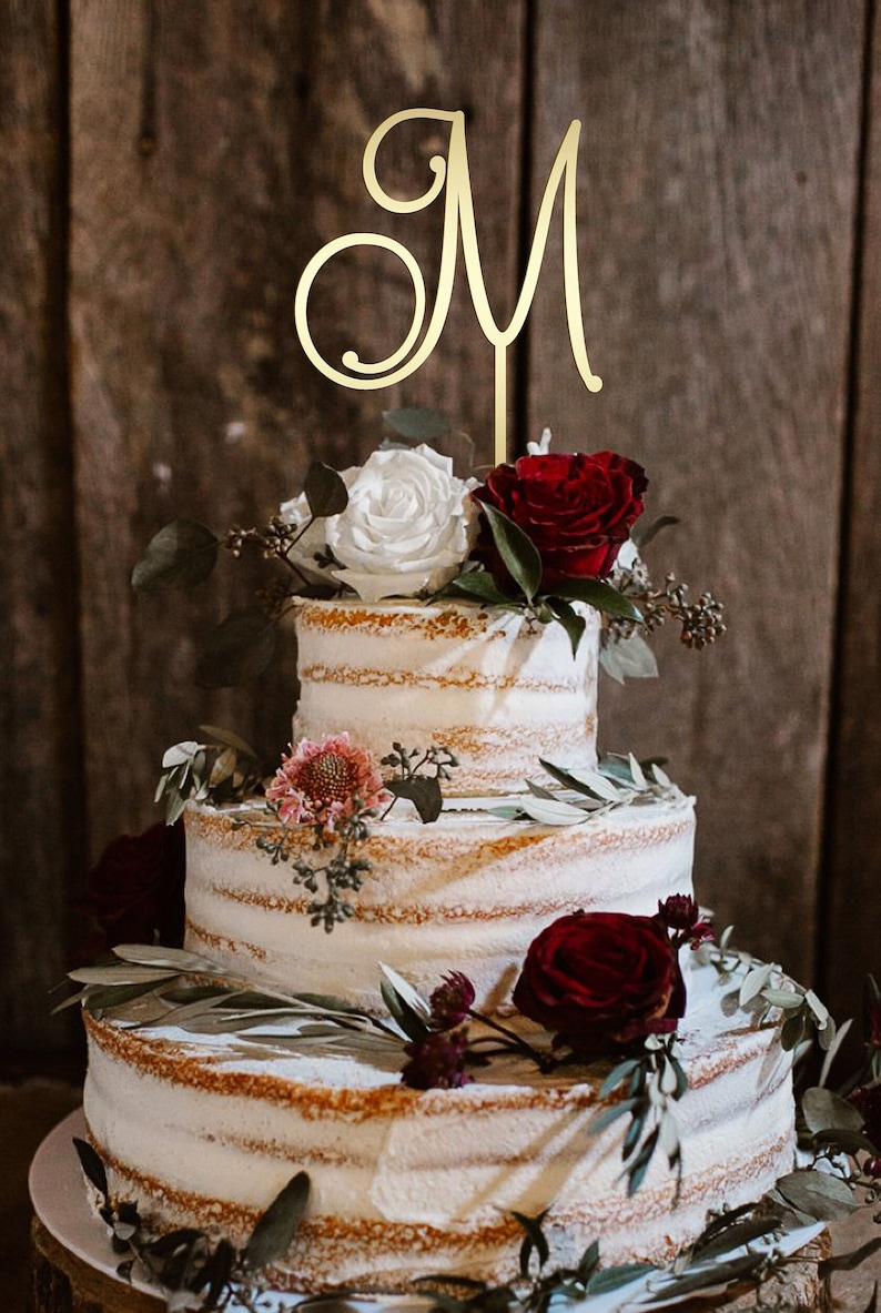 M Cake Topper, Gold Wedding Cake Topper, Personalized, Rustic Wood Cake ...