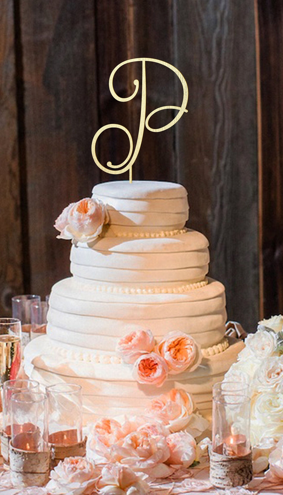 M Cake Topper, Gold Wedding Cake Topper, Personalized, Rustic Wood Cake ...