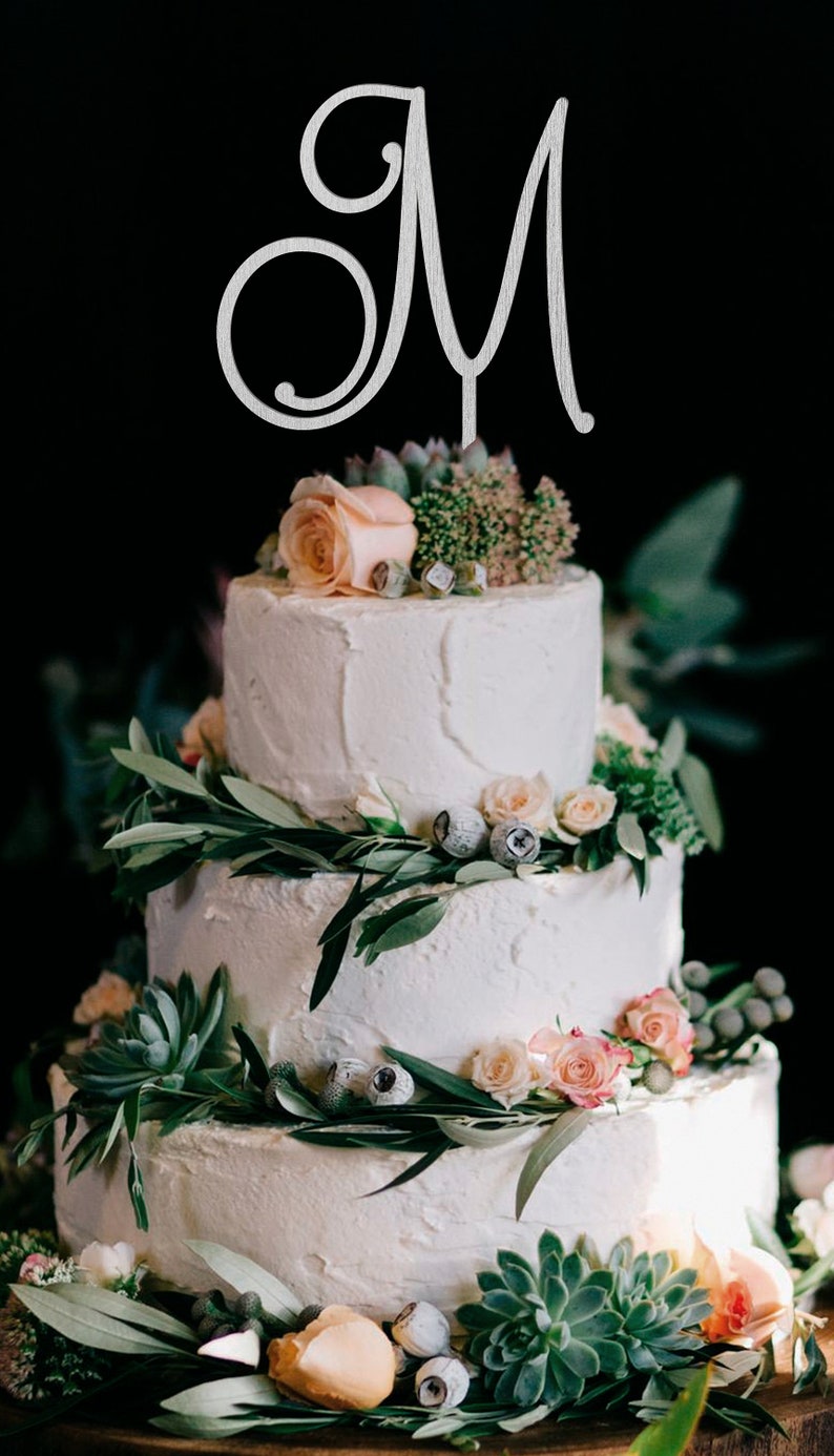 M Cake Topper, Gold Wedding Cake Topper, Personalized, Rustic Wood Cake ...