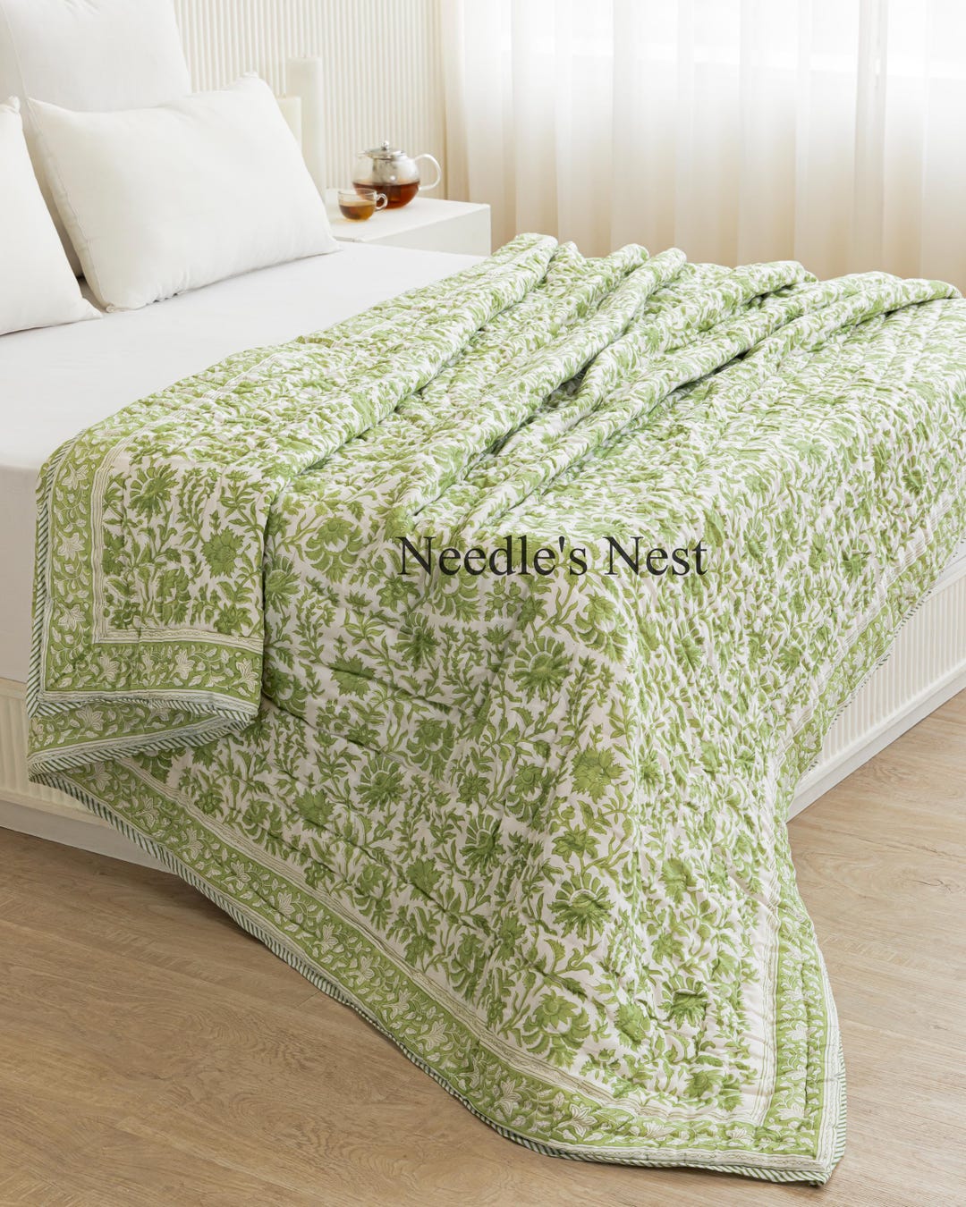 Pistachio Green Hand Block Printed Quilt, Kantha Quilt, Handmade Floral ...