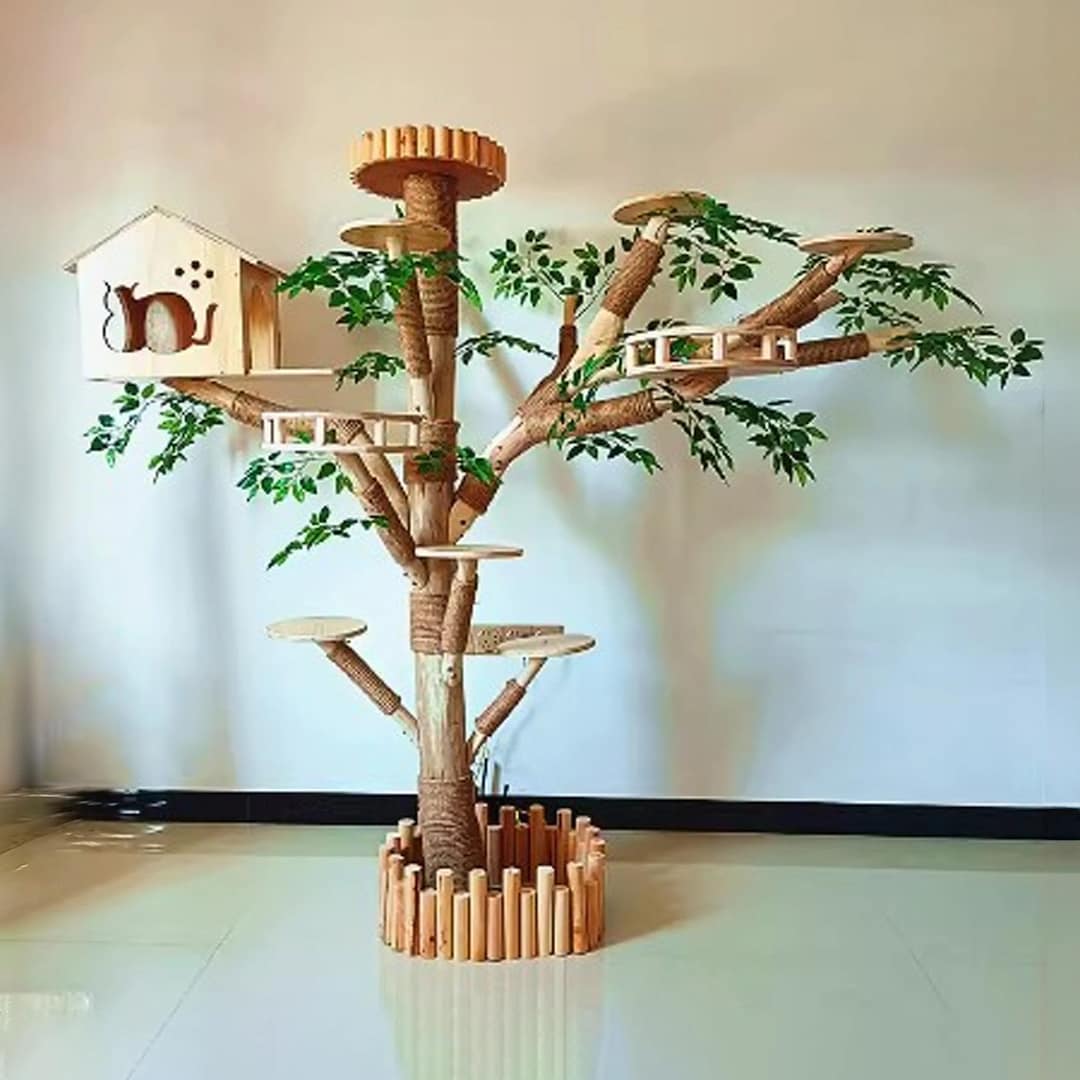 Natural Wood Cat Tree for Large Cats Modern Cat Toy Interactive ...