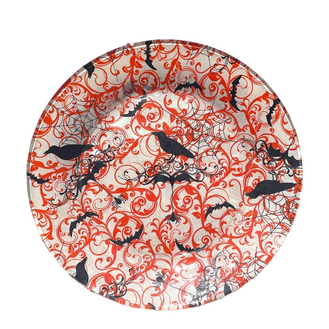 Halloween Raven Crow Spider Cat 10 Inch Glass Serving Plate | Platter ...