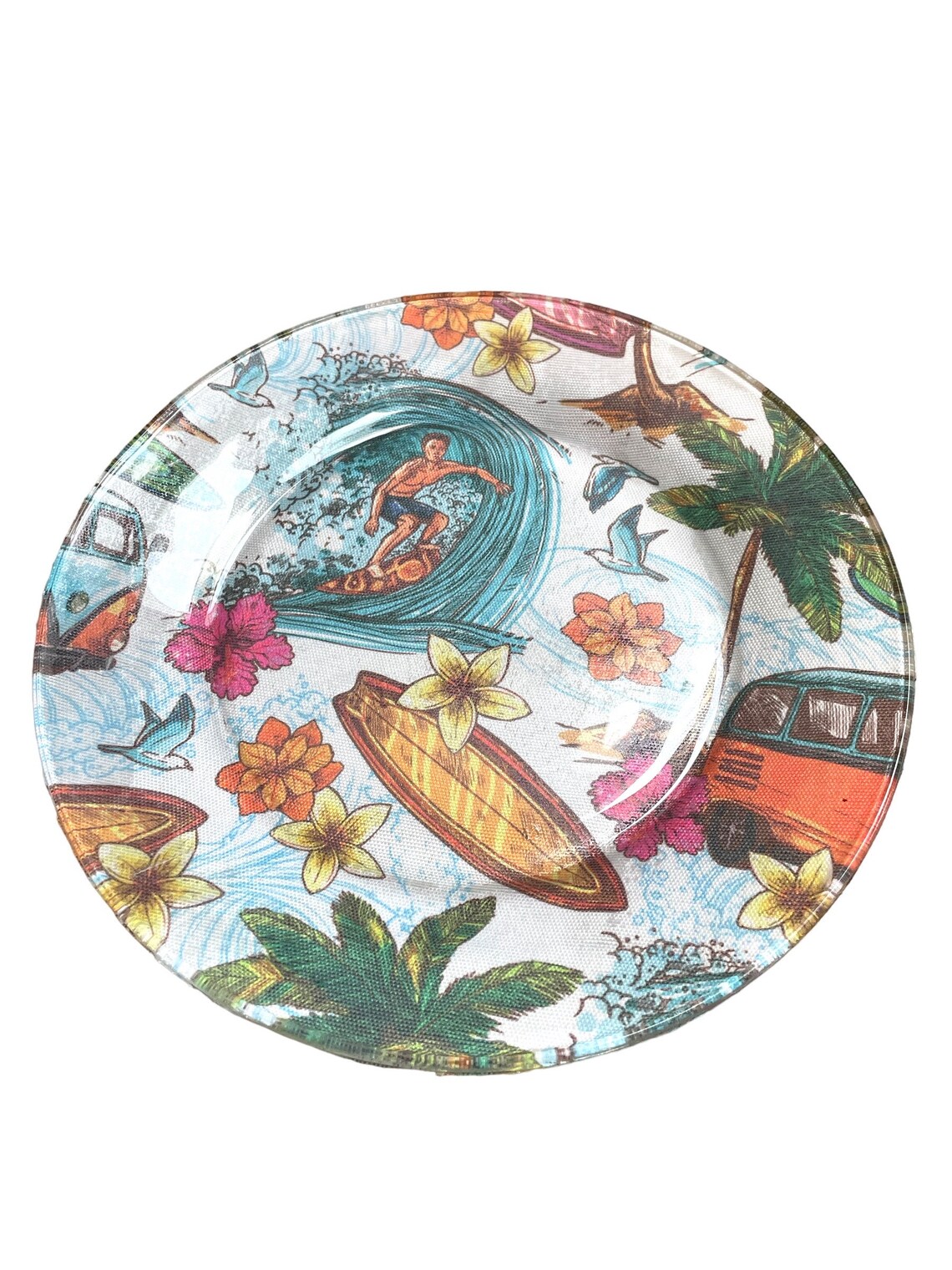 Glass Plate Serving Platter Beach Tropical Surfer Dish Cheese Home ...