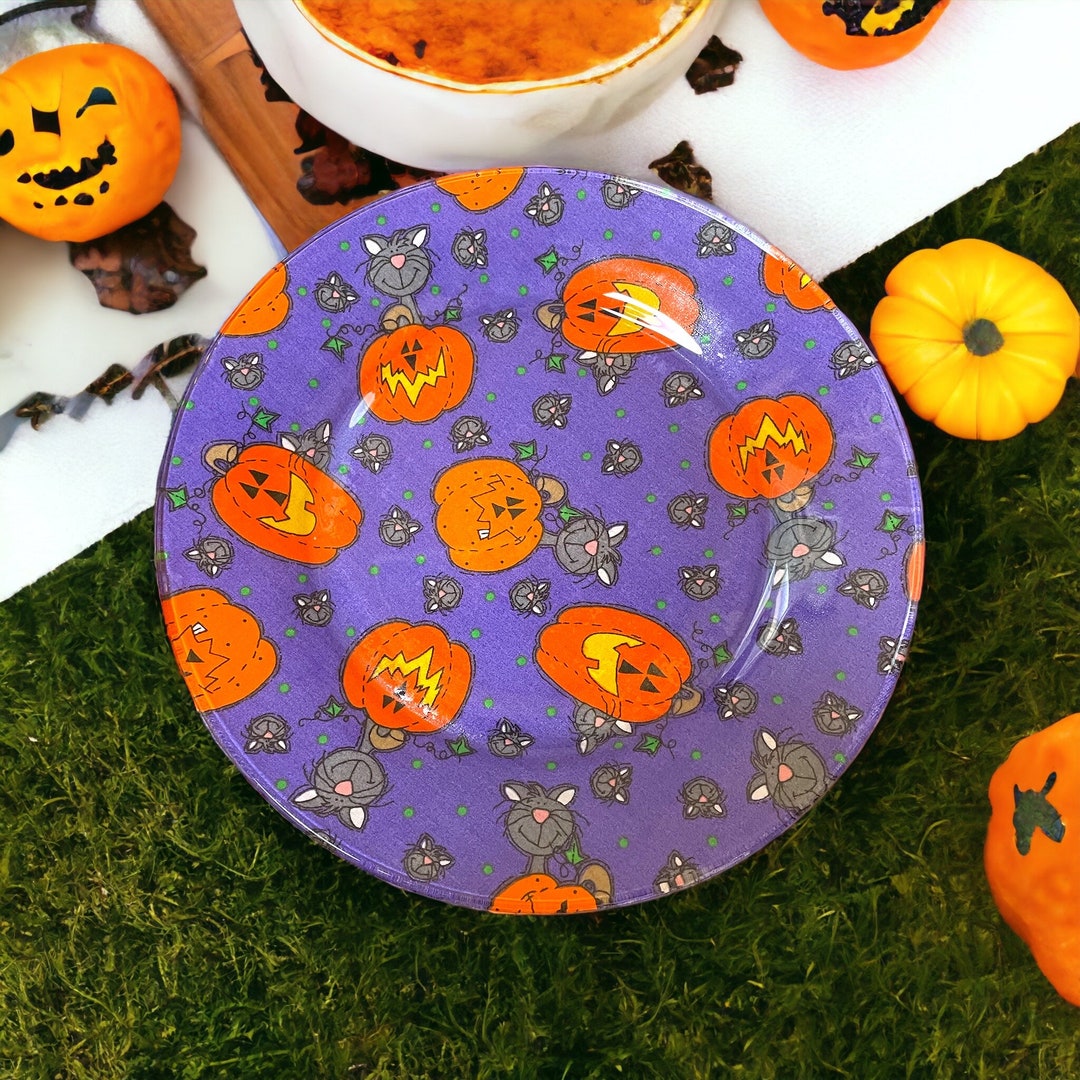 Halloween Jack-olantern Pumpkin Cat Kitty 10 Inch Glass Serving Plate ...