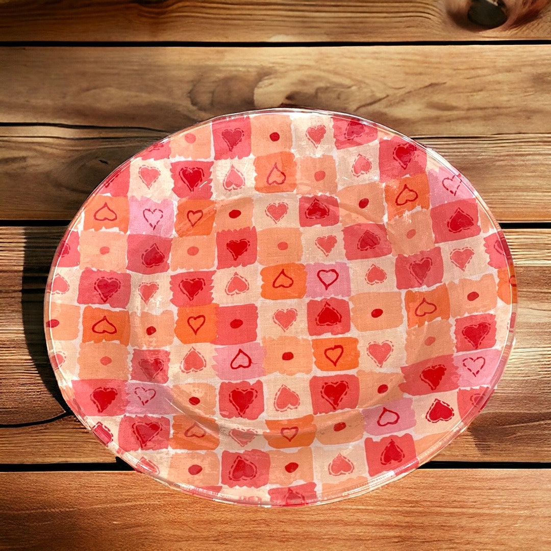 Hearts 10” Glass Plate | Platter | Valentines | Squares | Pink | Red ...