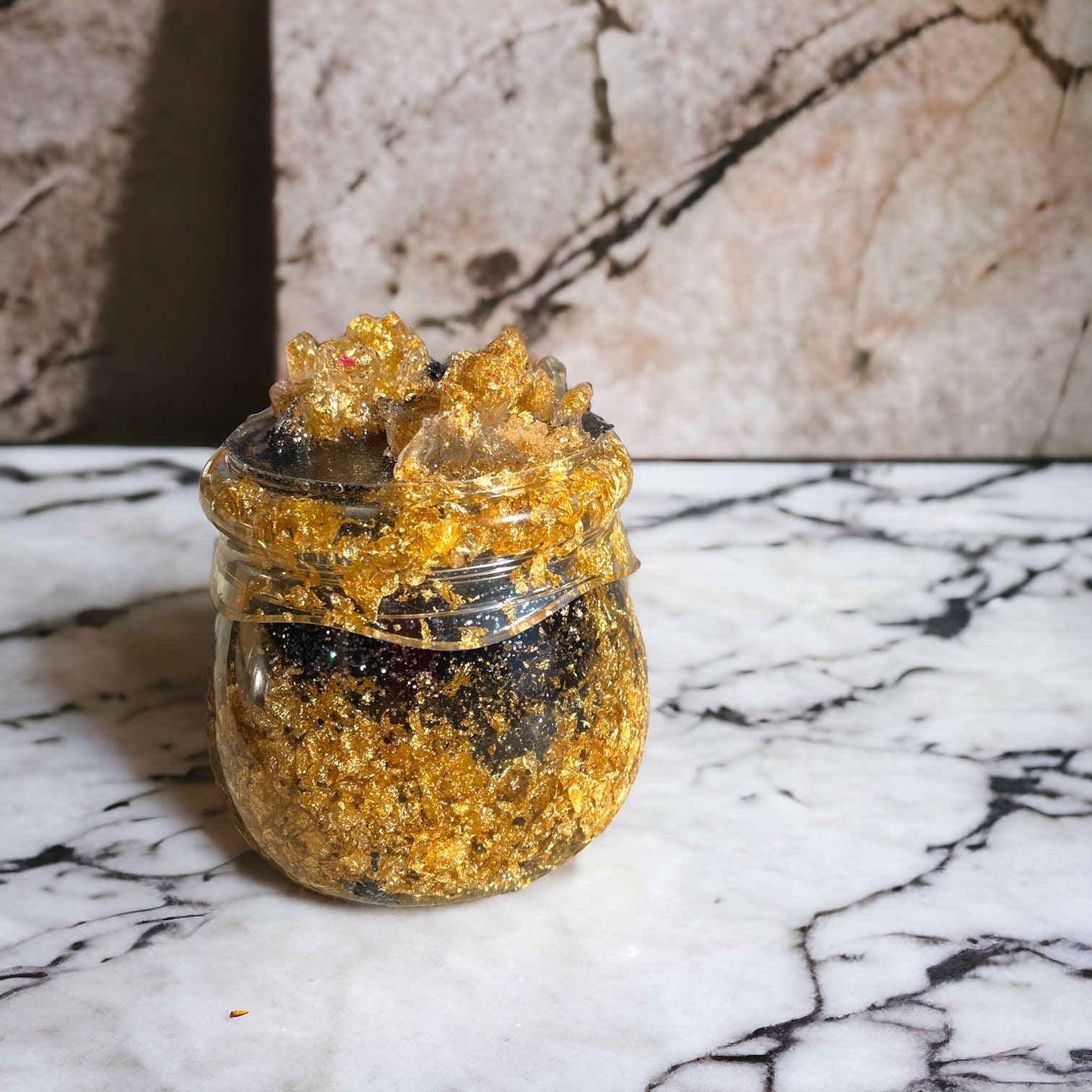 Geode Jar With Screw Lid | Gold Leaf and Black Glitter | Crystal ...