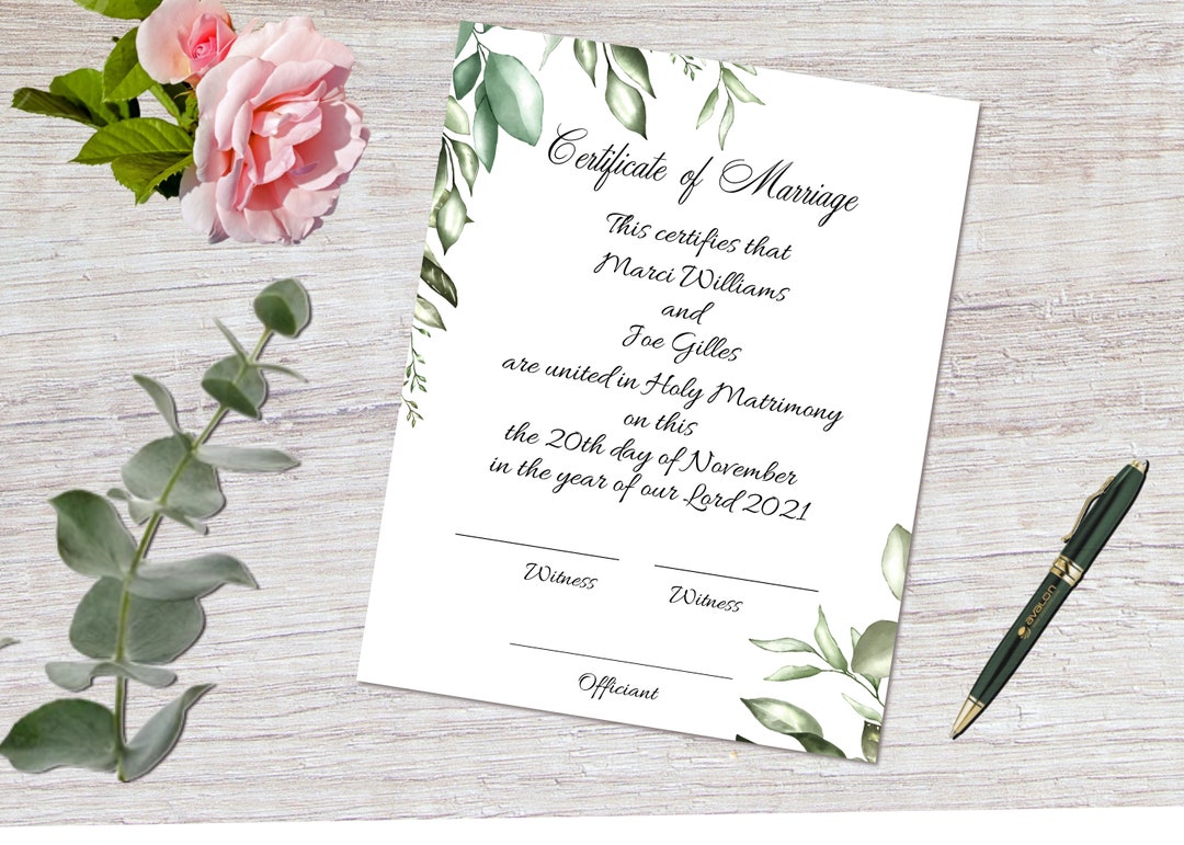 Monogram Marriage Certificate Green Foliage Wedding DIY Editable Corjl ...