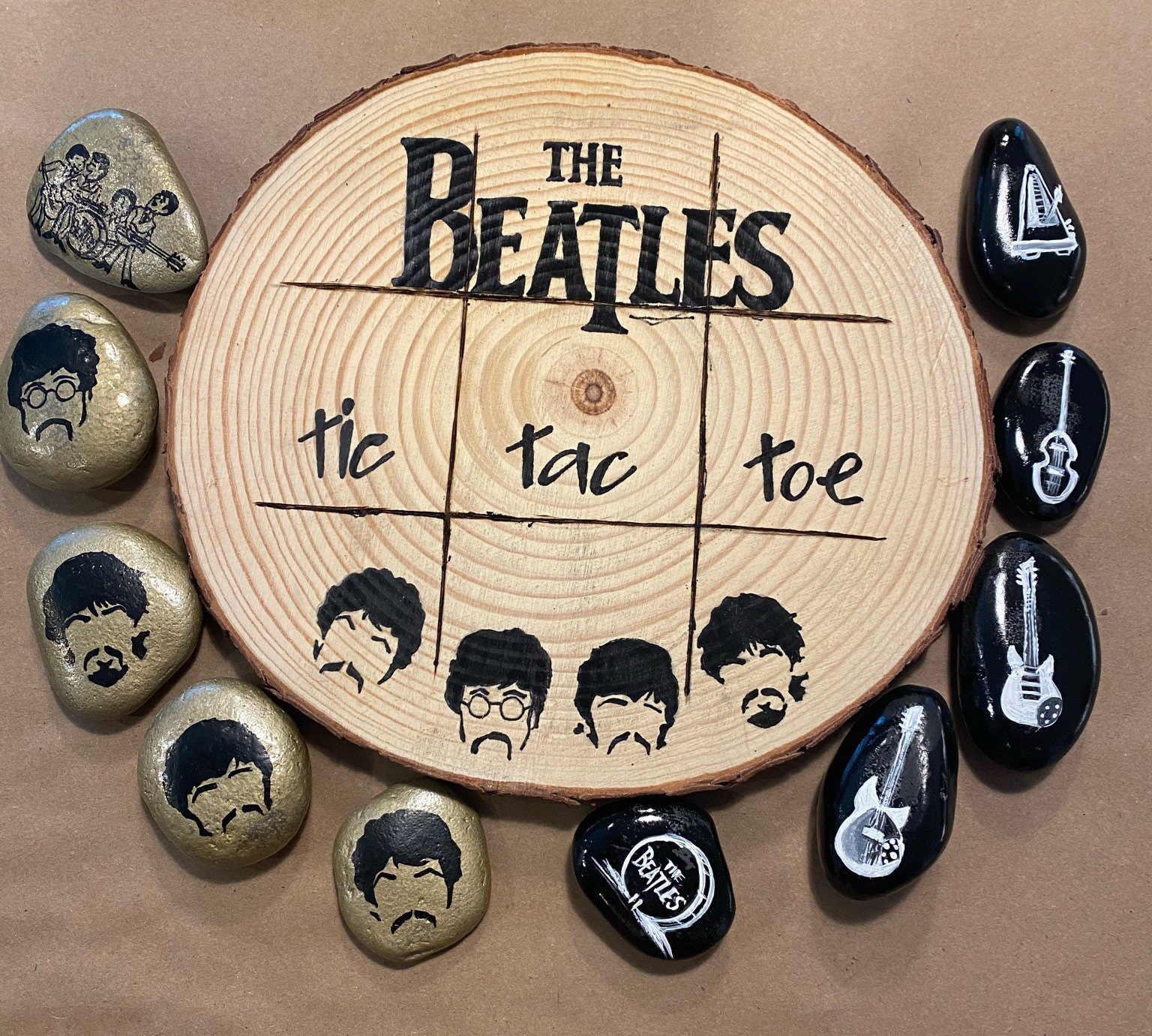 Hand Made the Beatles Themed Tic Tac Toe- Hand Painted Rocks and Wood ...