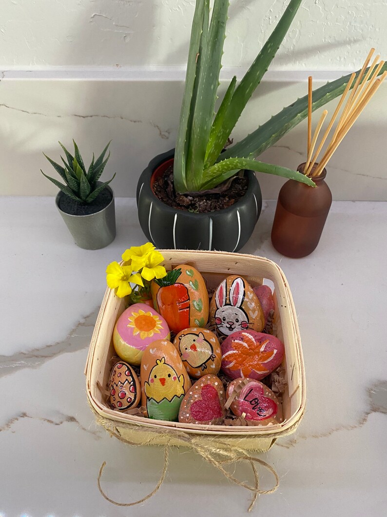 Easter Basket- Hand Painted Easter Themed Rocks Arranged Inside a ...