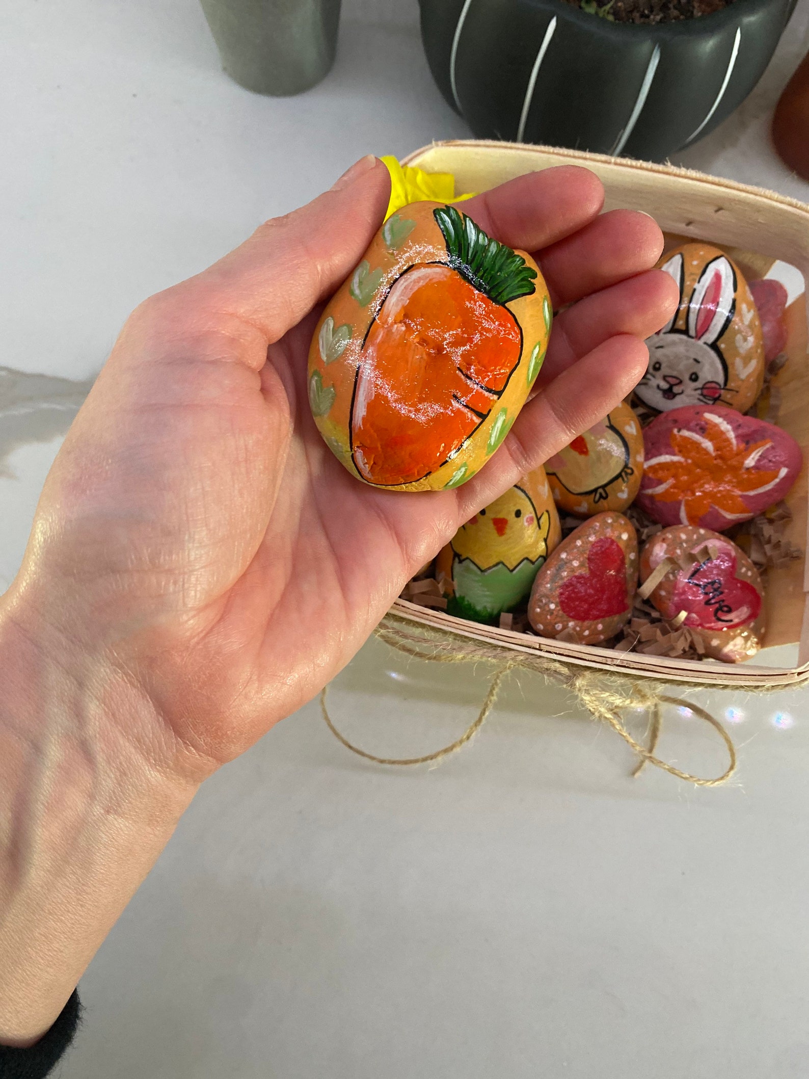 Easter Basket- Hand Painted Easter Themed Rocks Arranged Inside a ...
