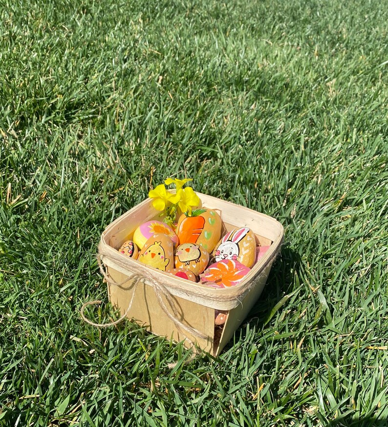 Easter Basket- Hand Painted Easter Themed Rocks Arranged Inside a ...