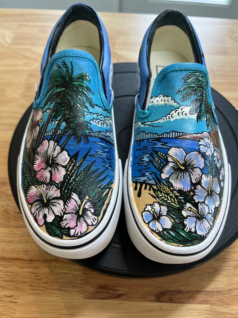 Hand Painted Tropical Vans Slip-on Sneakers, Custom Beach Shoes, Floral ...