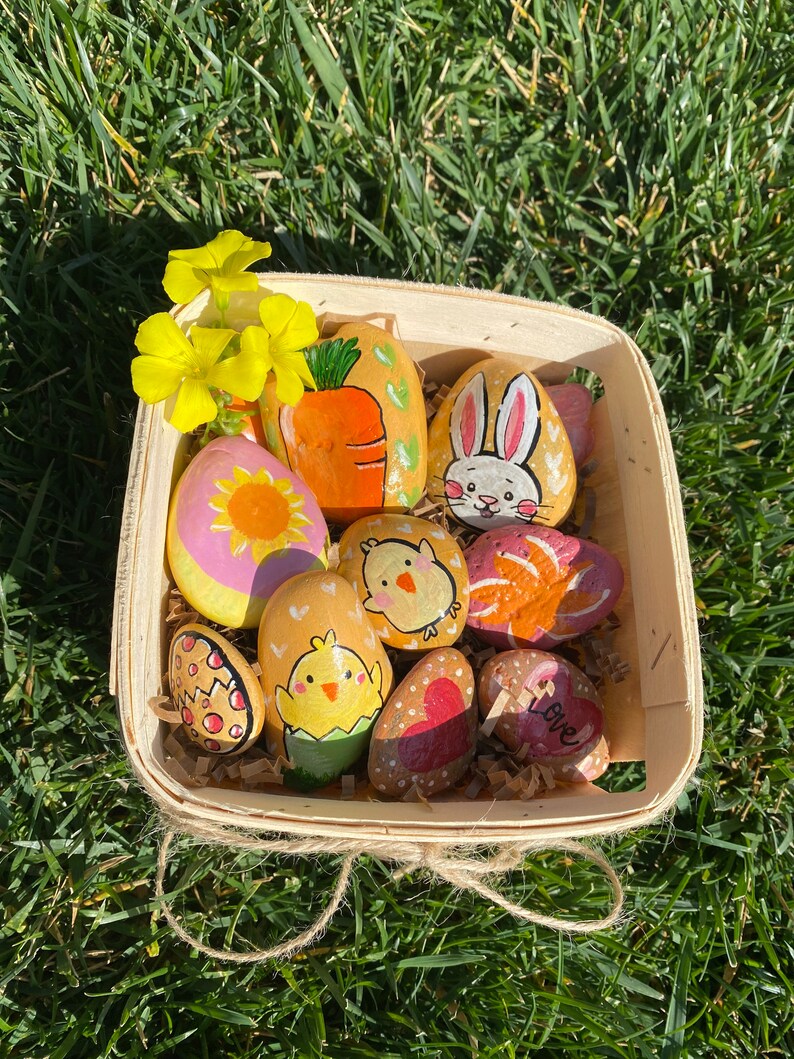 Easter Basket- Hand Painted Easter Themed Rocks Arranged Inside a ...
