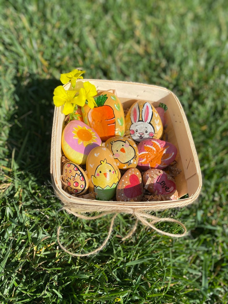 Easter Basket- Hand Painted Easter Themed Rocks Arranged Inside a ...