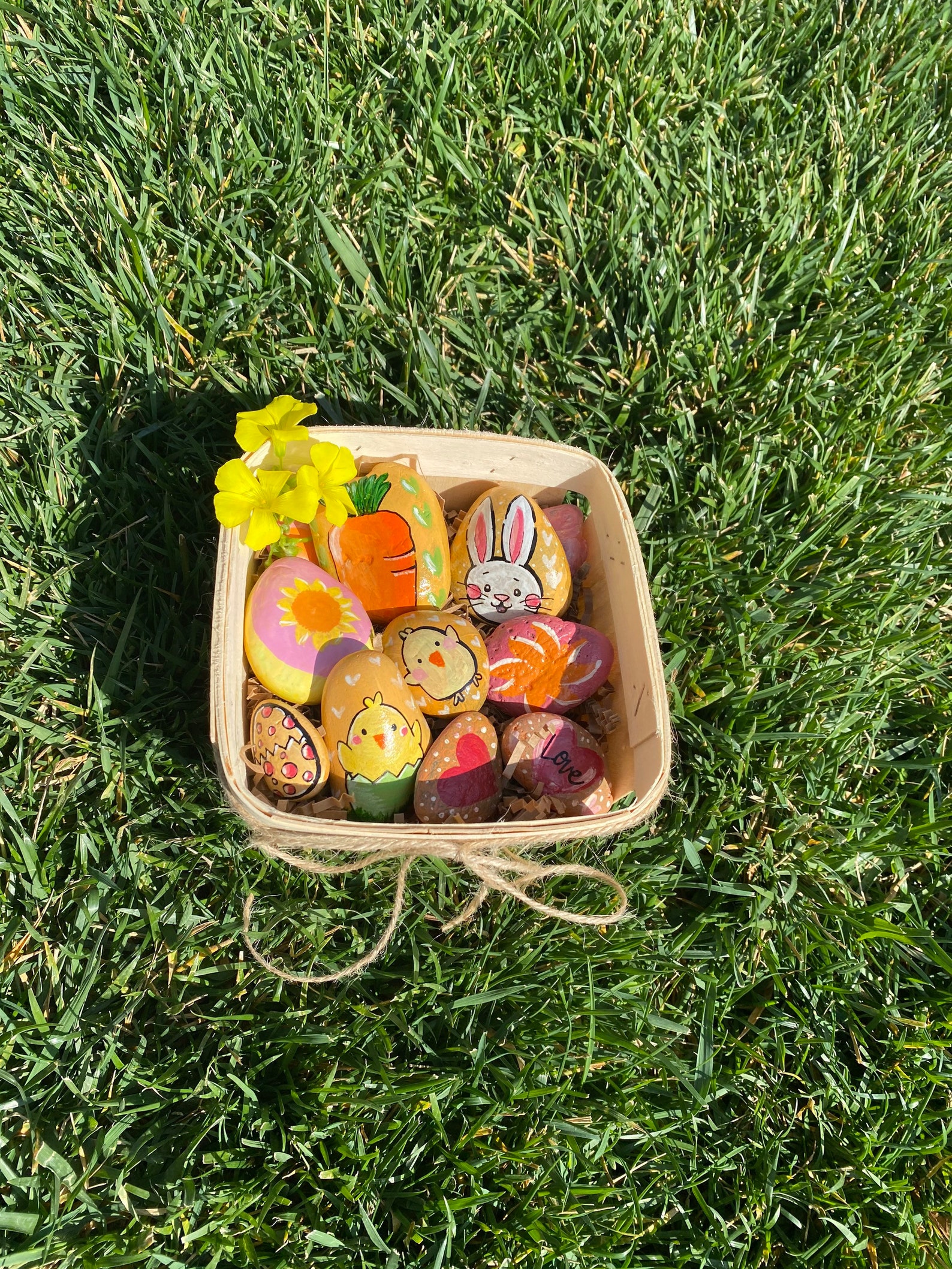 Easter Basket- Hand Painted Easter Themed Rocks Arranged Inside a ...