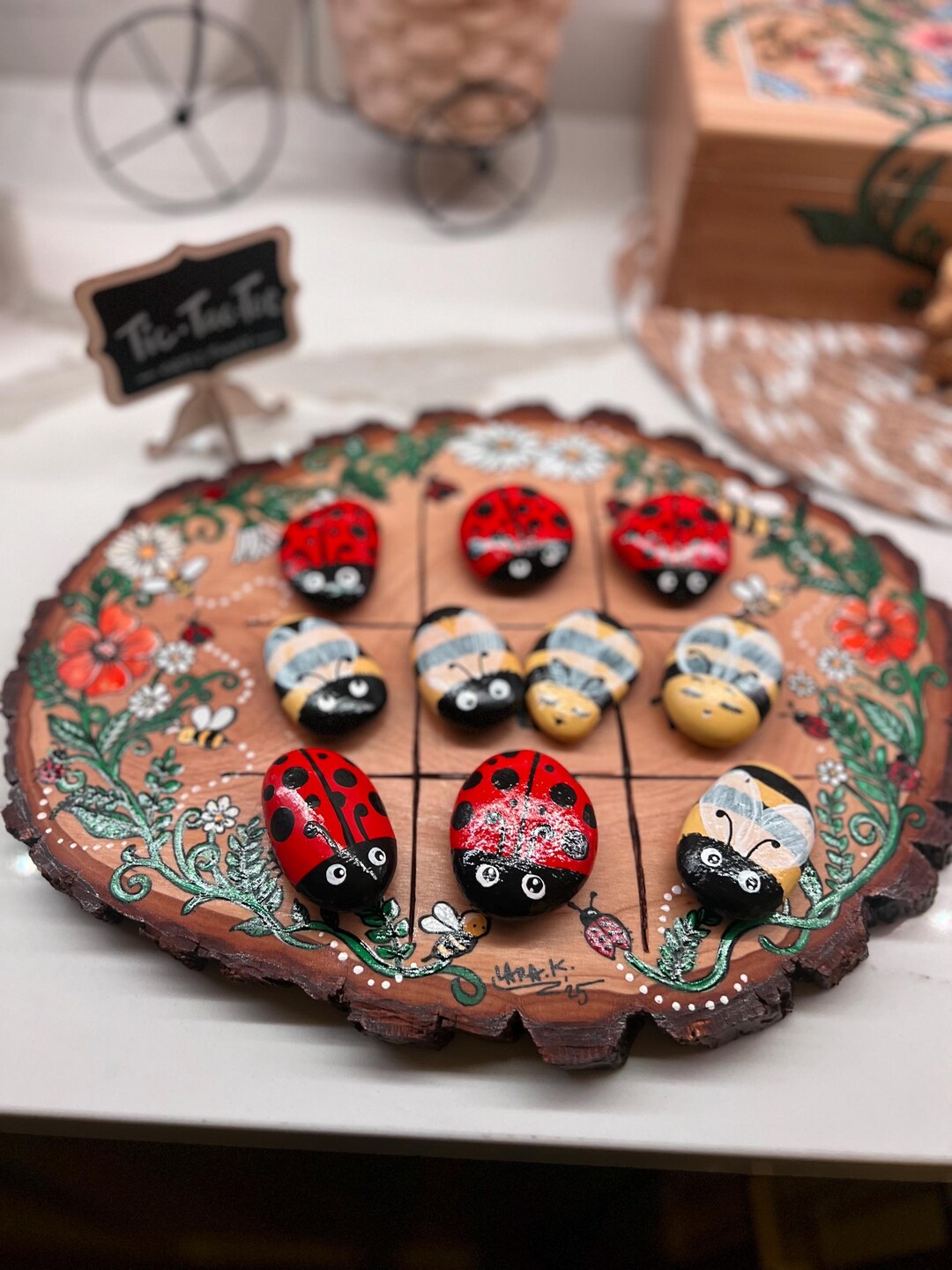Hand Painted Rocks Tic-tac-toe Set. Set of 10 Lady Bugs and Bees, Wood ...