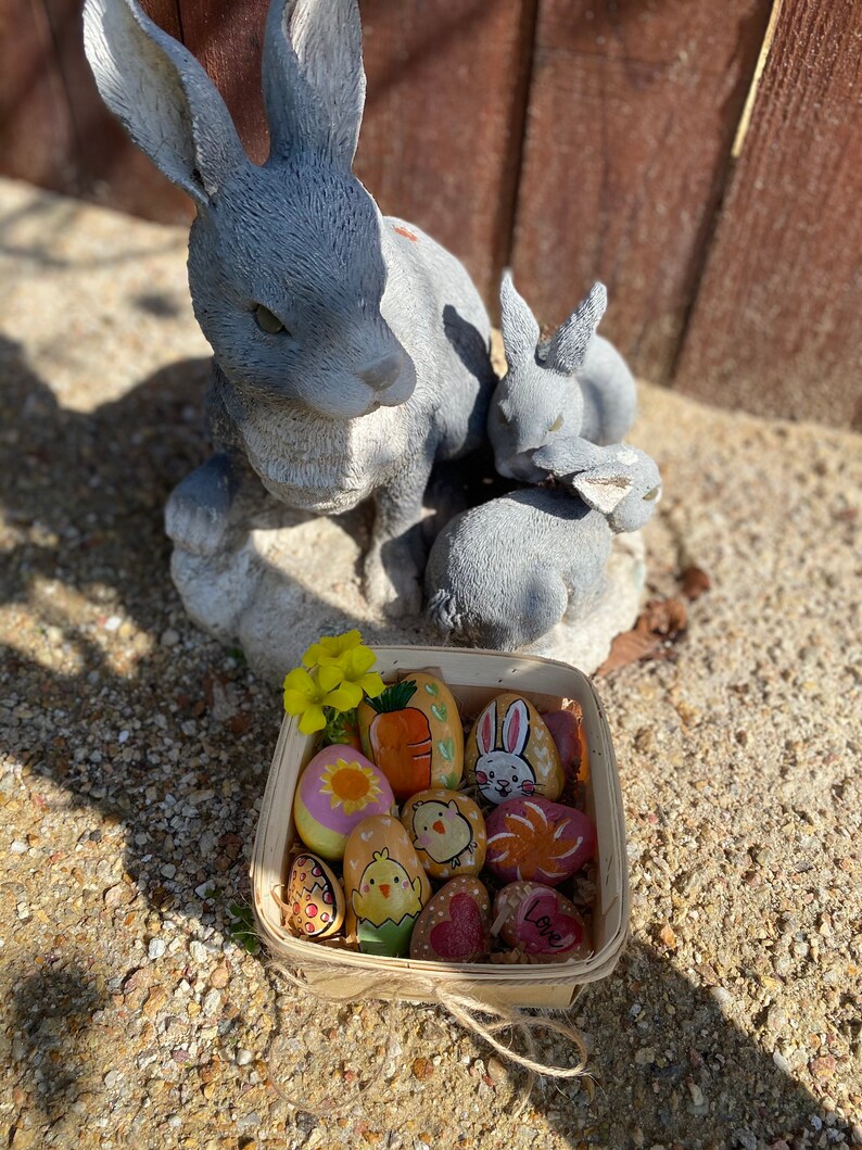 Easter Basket- Hand Painted Easter Themed Rocks Arranged Inside a ...